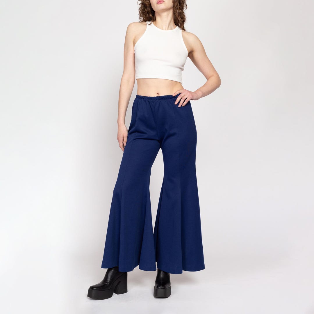 Medium 70s Navy Blue Bell Bottom Pants | Vintage High Waisted Retro ...