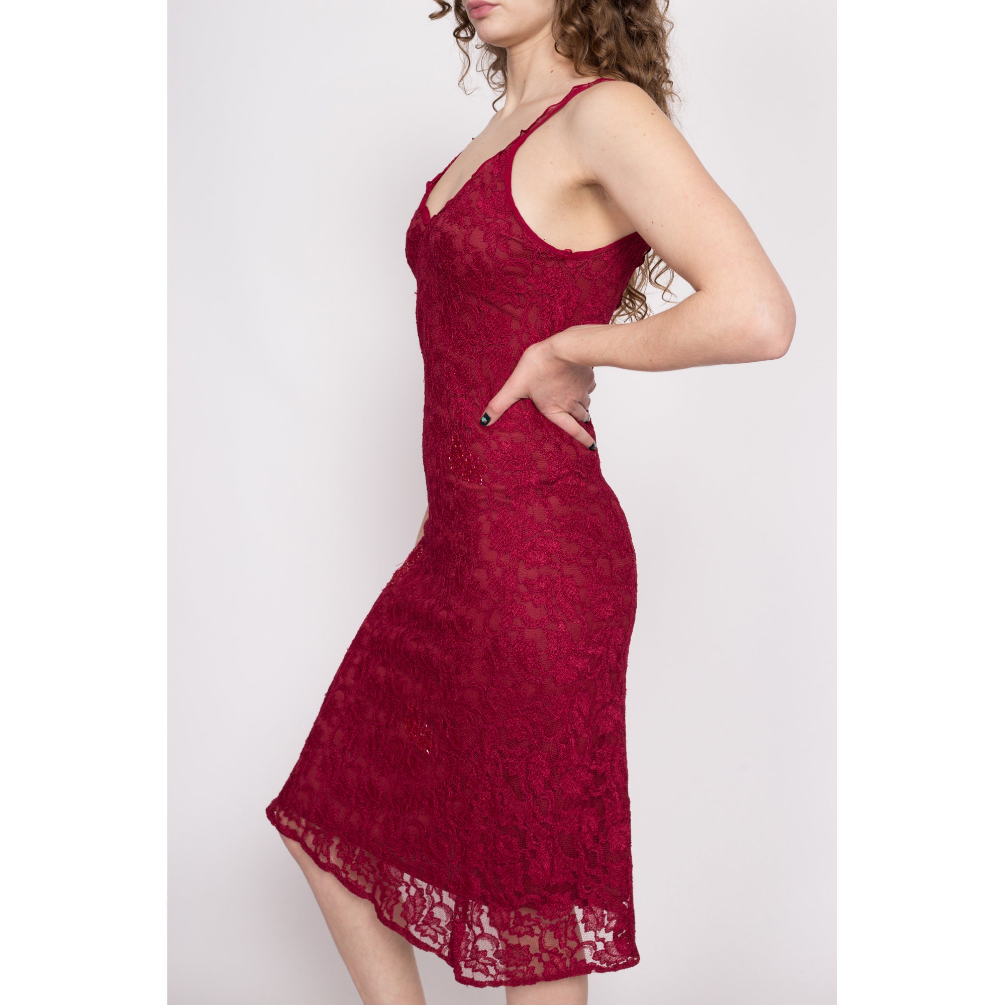 90s Red Lace Bodycon Low Back Midi Dress Medium Vintage - Etsy