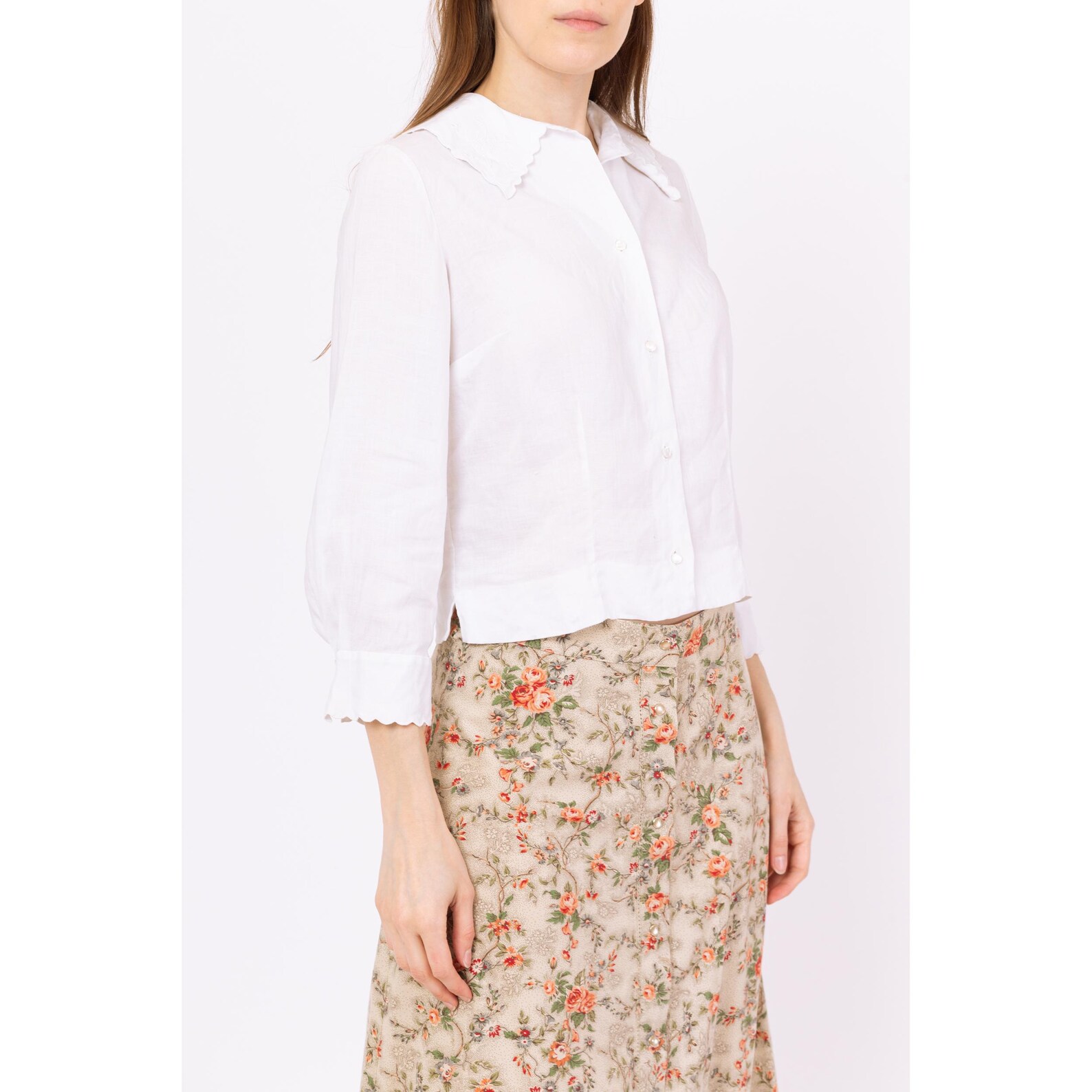 Vintage 60s White Irish Linen Scalloped Trim Blouse - Small | Boho ...