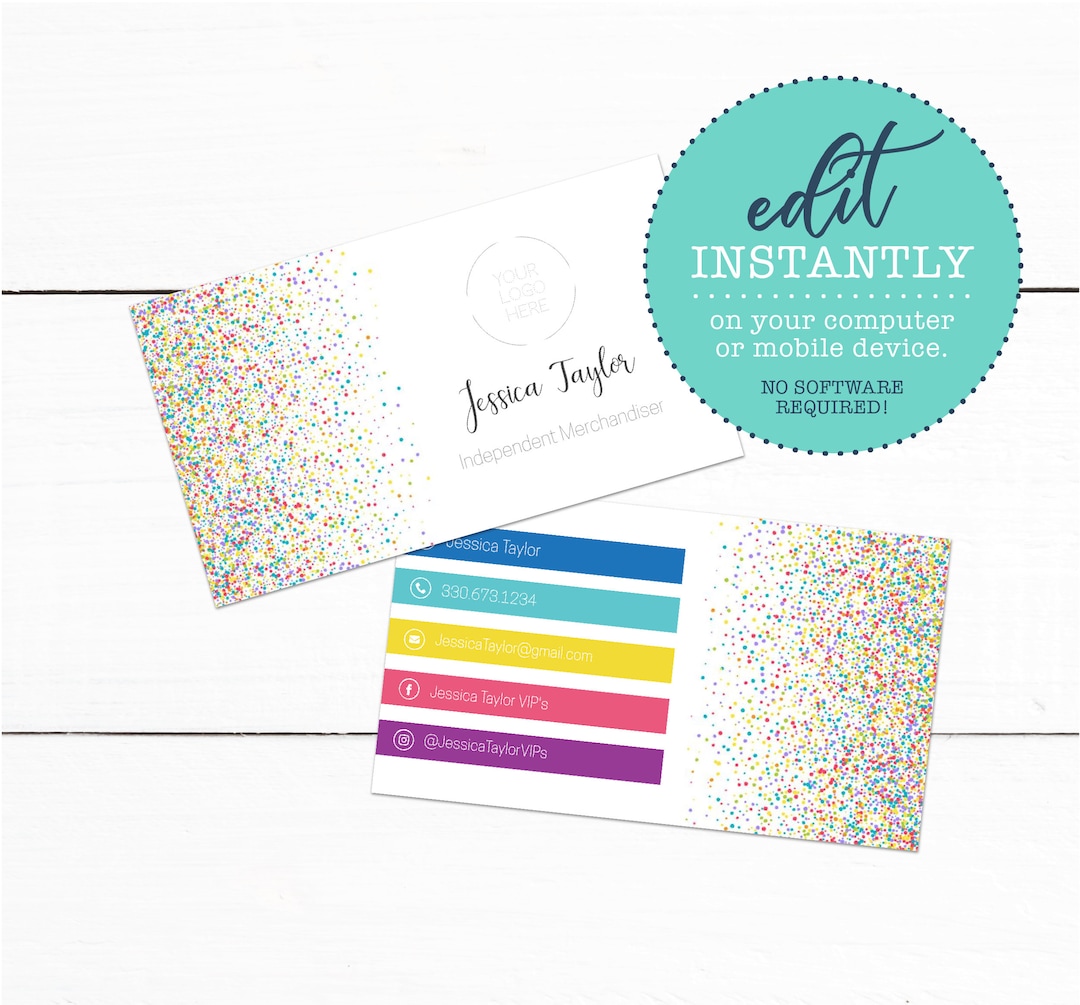 Rainbow Confetti Business Card Printable Template - Etsy