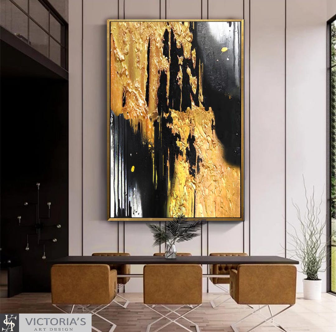 Extra Large Golden Leaf Abstract Oil Painting: Black and White Textured ...