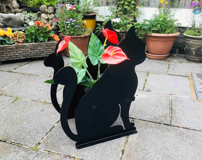 Cat Themed Metal Planter | Black Flowerpot Holder | Feline Decorative ...