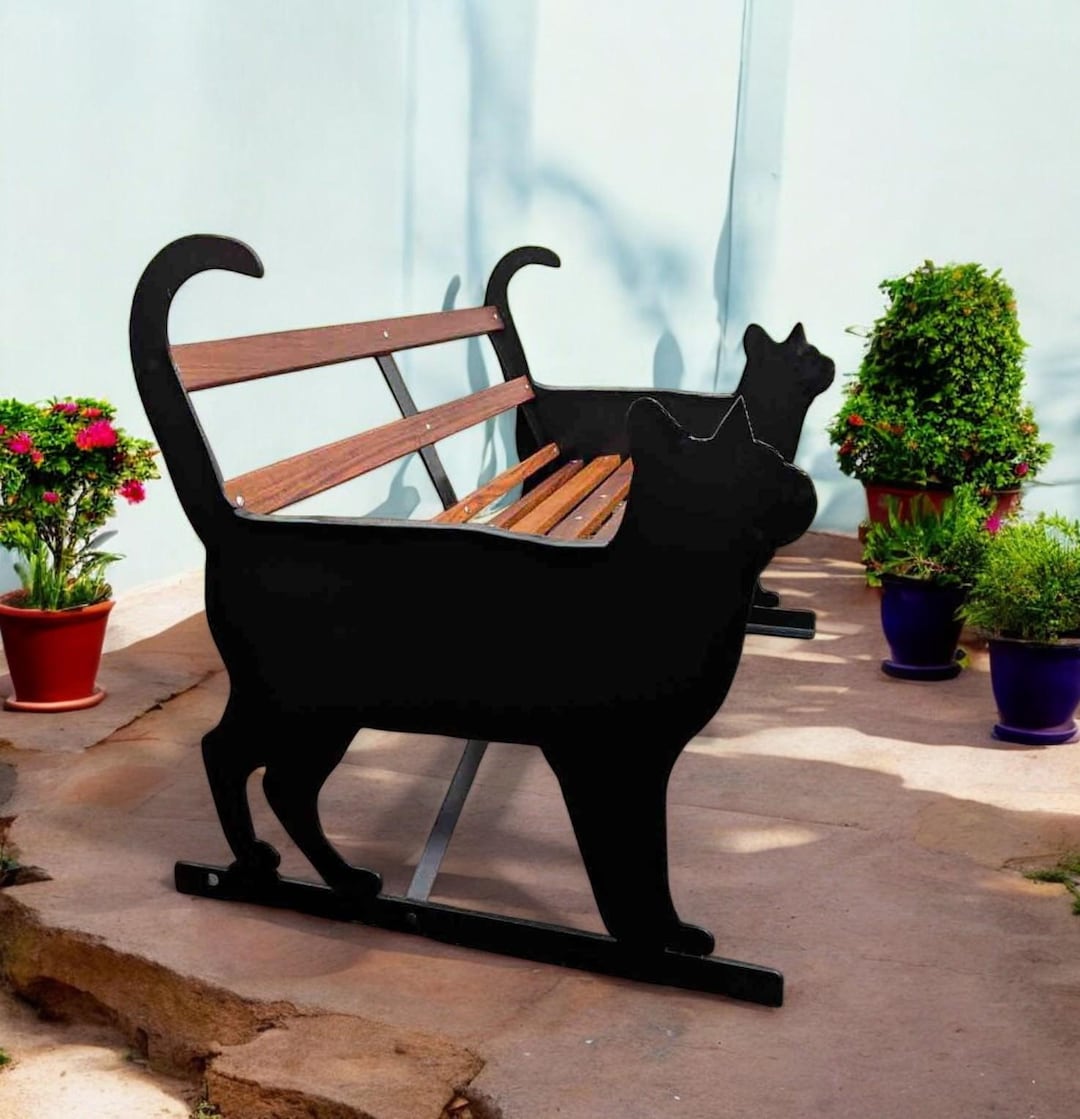 Hand-crafted Cat Garden Bench: Metal & Iroko Hardwood, Personalized ...