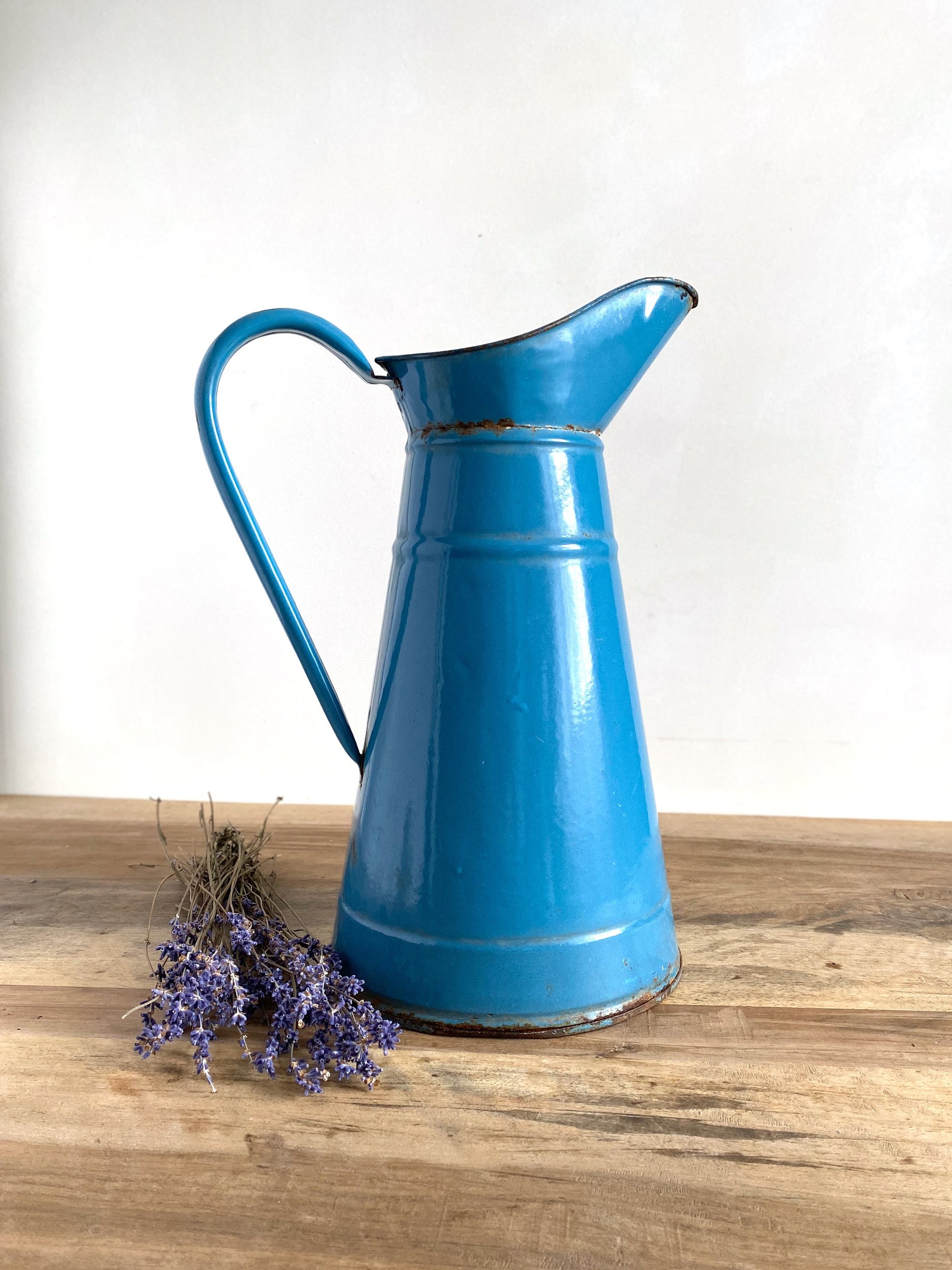Blue Enamel French Vintage Water Pitcher Extra Large Metal Pitcher Vase ...