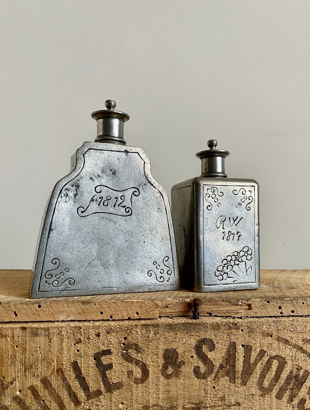 Antique French Pewter Flasks Set of 2 Pewter Bottles 1812 & 1817 ...