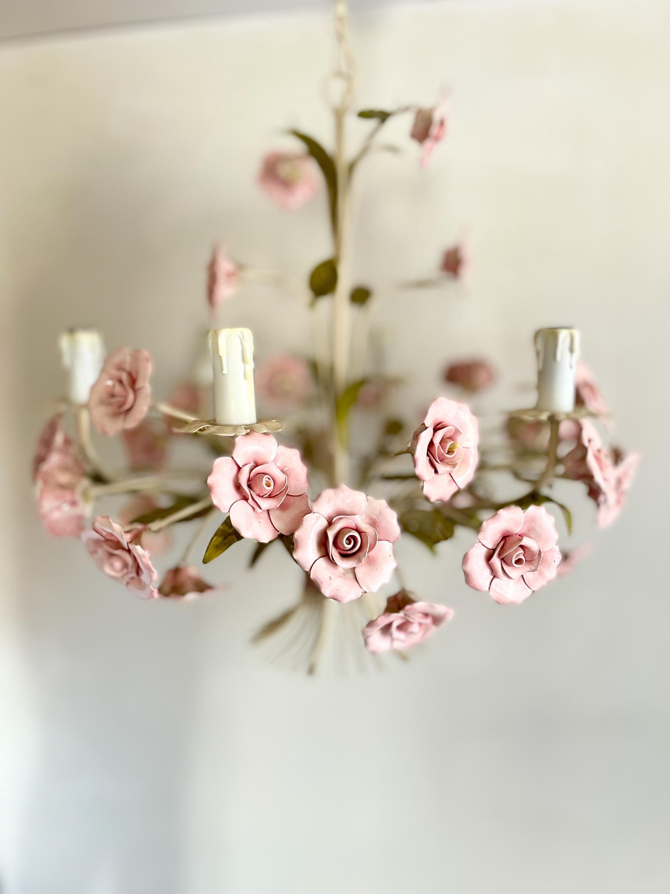 Vintage French Toleware Rose Chandelier, 6 Light Floral Ceiling Fixture ...