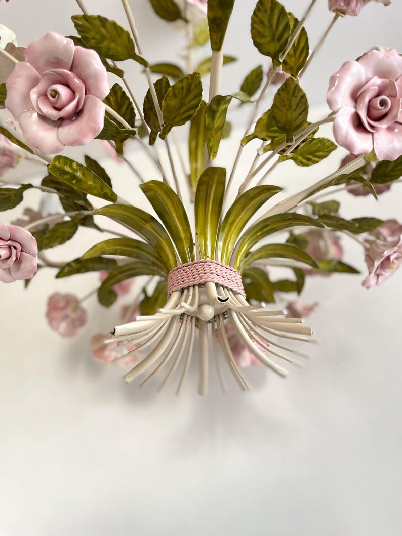 Vintage French Toleware Rose Chandelier, 6 Light Floral Ceiling Fixture ...