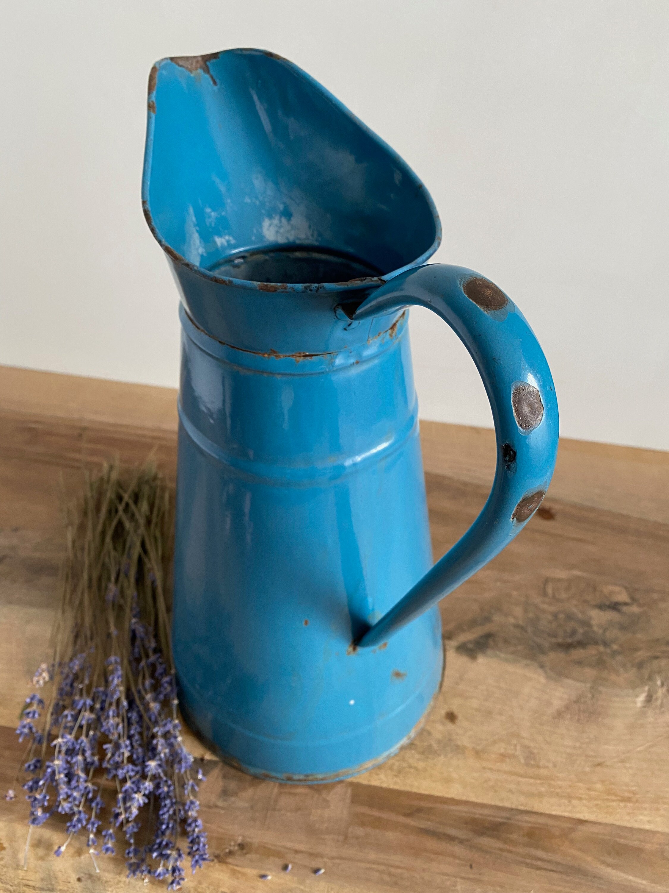 Blue Enamel French Vintage Water Pitcher Extra Large Metal Pitcher Vase ...