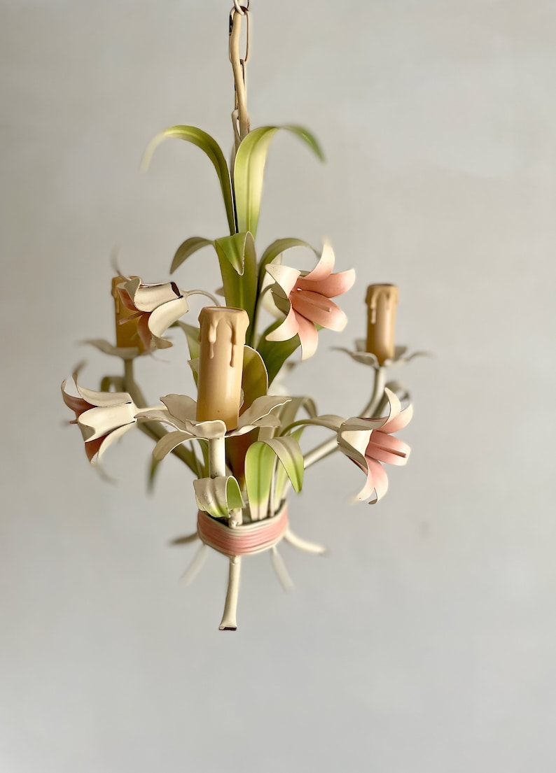 Florentine 3 Branch Floral Chandelier With Pink Lilies, Vintage ...