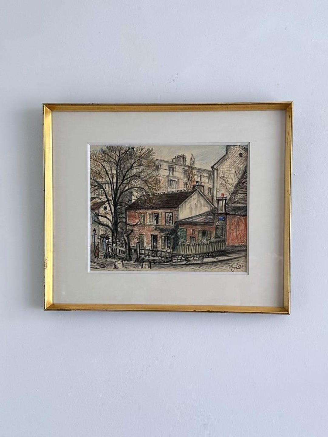 Vintage French Street Scene Drawing, Signed 1962 Parisian Cityscape ...