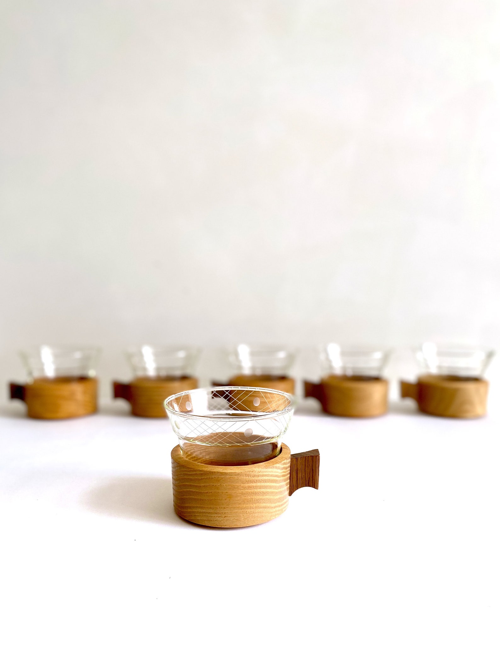 Vintage German Tea Coffee Glasses With Wood Holders - Dregeno Set of 6 ...