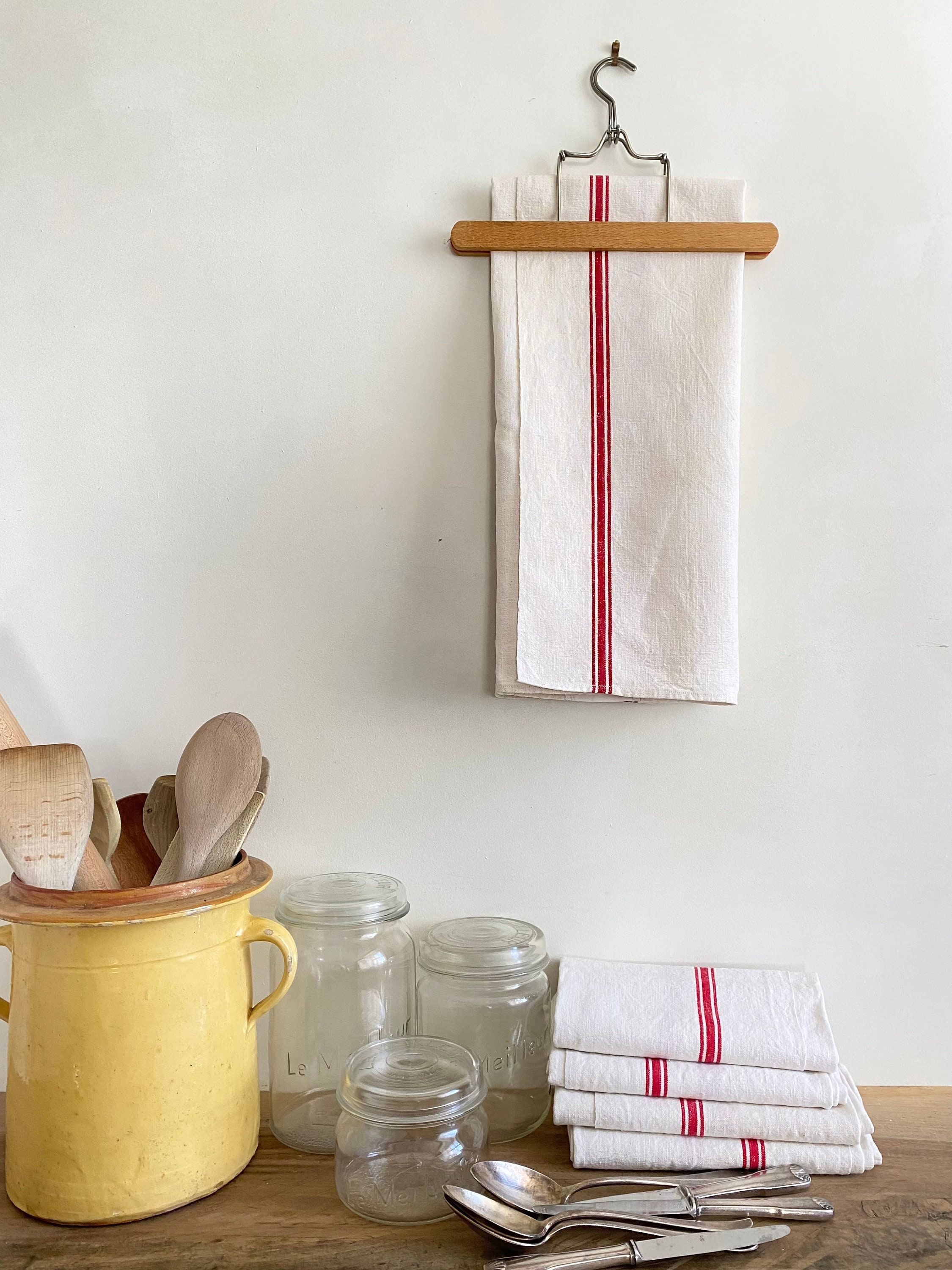 Vintage French Linen Dish Towels - Red Stripe Torchon Set - Etsy