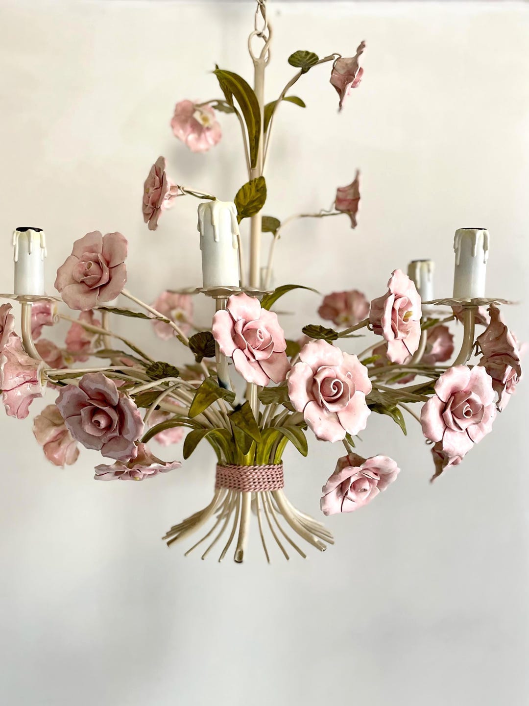 Vintage French Toleware Rose Chandelier, 6 Light Floral Ceiling Fixture ...