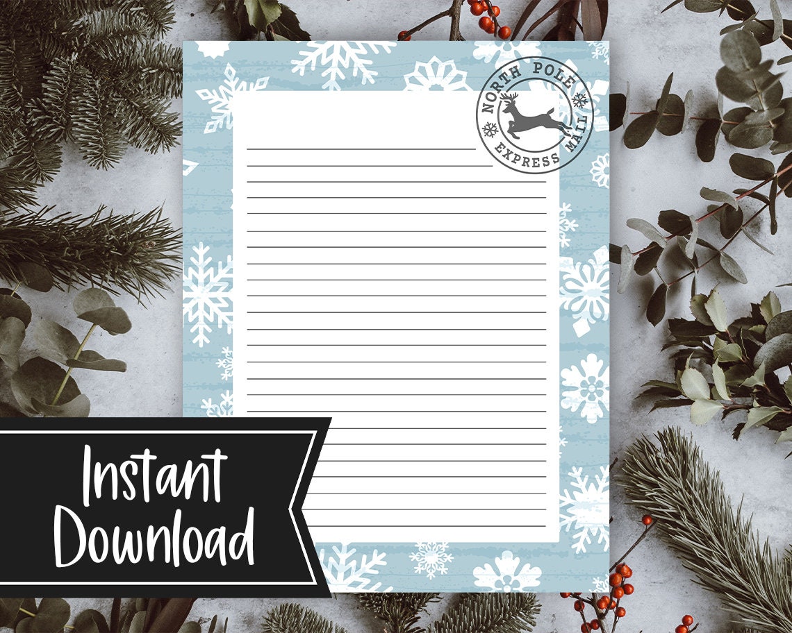 Printable Christmas Writing Paper – Blue Snowflake Holiday Stationery ...