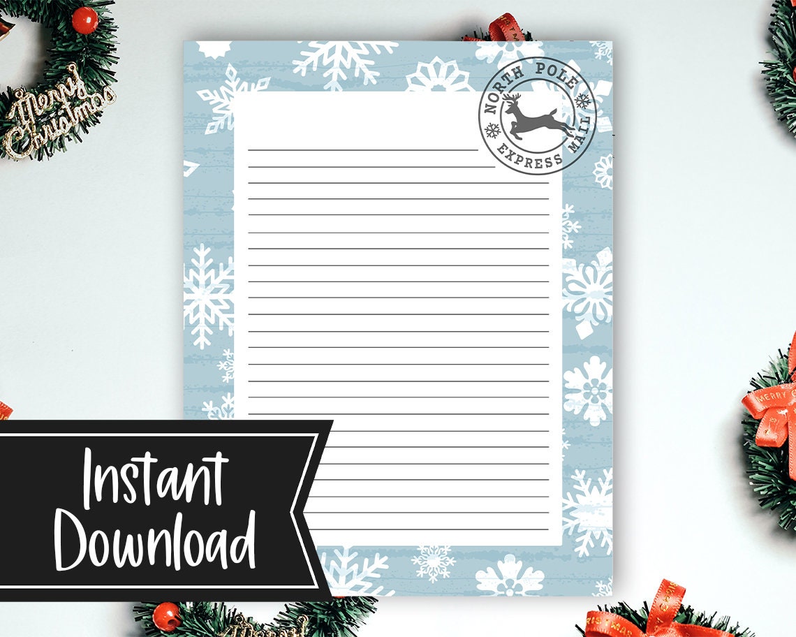 Printable Christmas Writing Paper – Blue Snowflake Holiday Stationery ...