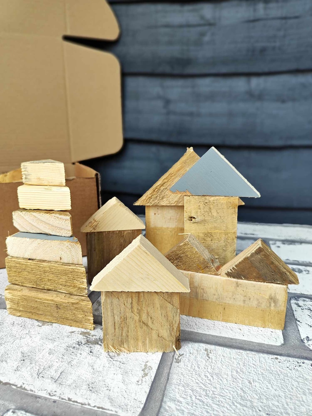 45-50 Pieces Wooden Blocks Triangle Square Shapes Tiny Houses Plaques ...