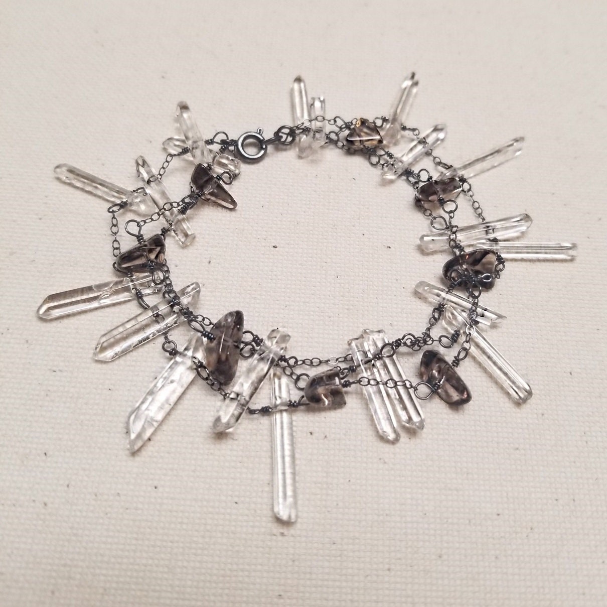 Bracelet W/ Oxidized Silver, Quartz Crystal Points & Smoky Quartz ...