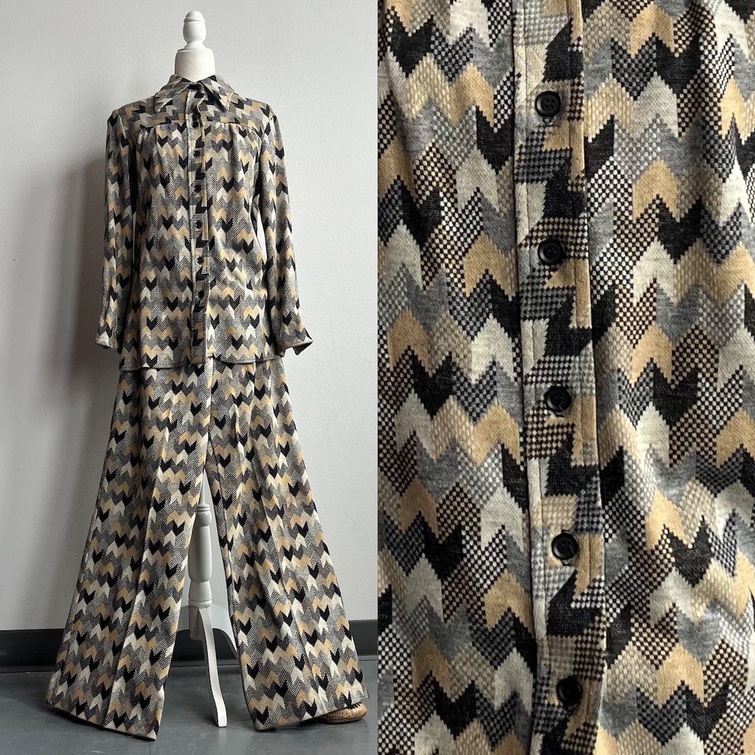 70s Chevron Double Knit Leisure Suit, Retro Earth Tone Pant Suit Set - Etsy