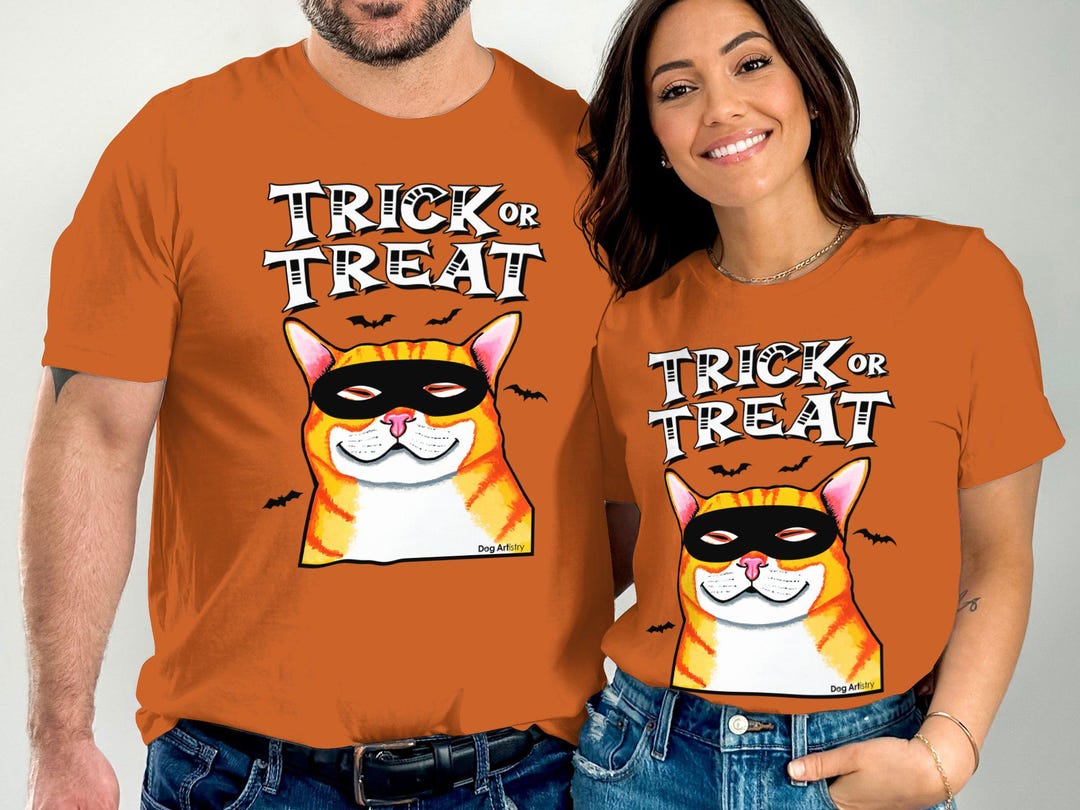 Cat Wearing Mask Smiling Trick or Treat Halloween Funny Unisex T-shirt ...