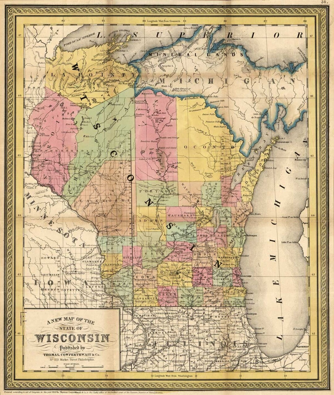 Vintage Wisconsin Wall Decal 32x40, Map of Wisconsin, Wisconsin Map ...
