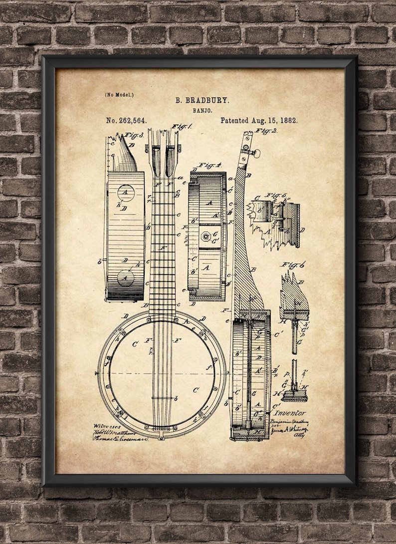 Banjo Patent Print Wall Art 1882, Blueprints Patent Art, Music Teacher ...