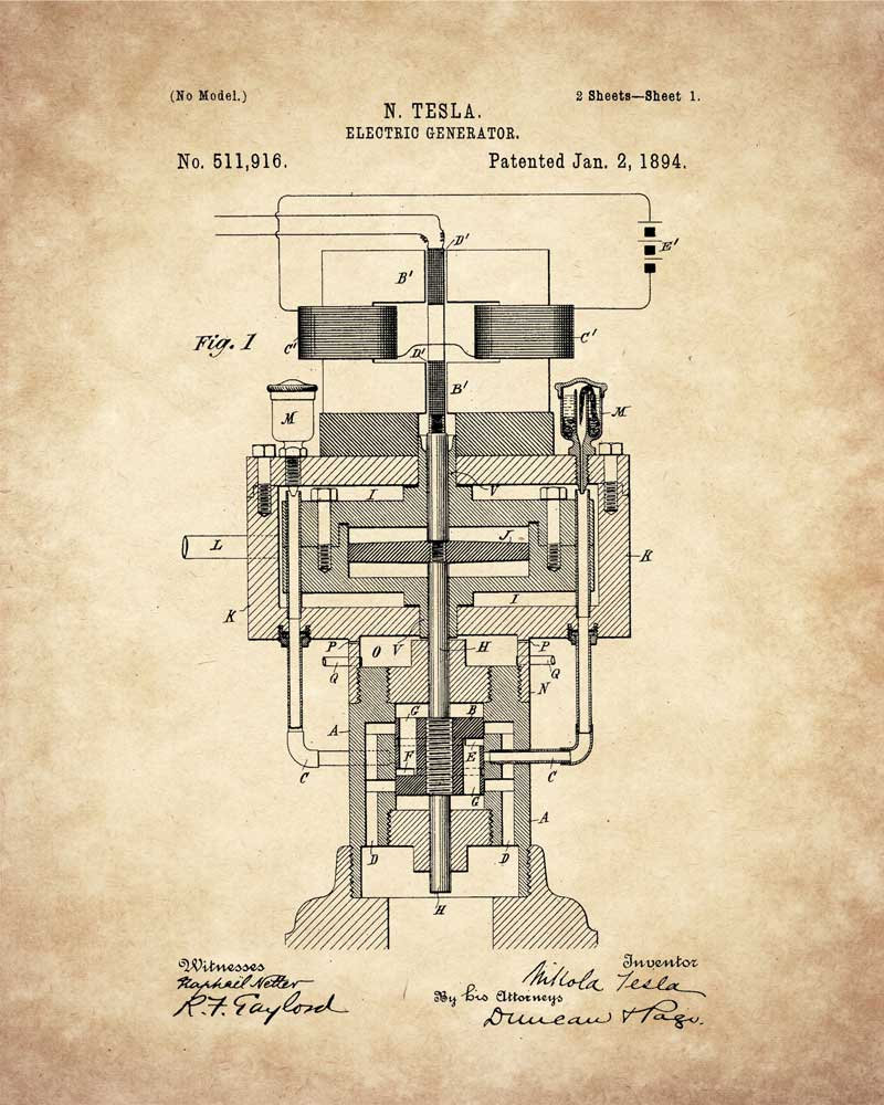 Tesla Electric Generator Patent Wall Art Poster 1894. Tesla Design ...
