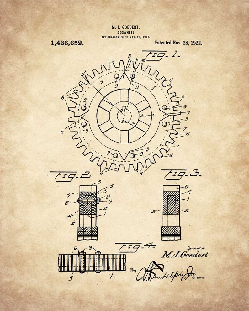 Cogwheel 1922 Patent Poster, Gears, Car Part Art, Mechanical Engineer ...