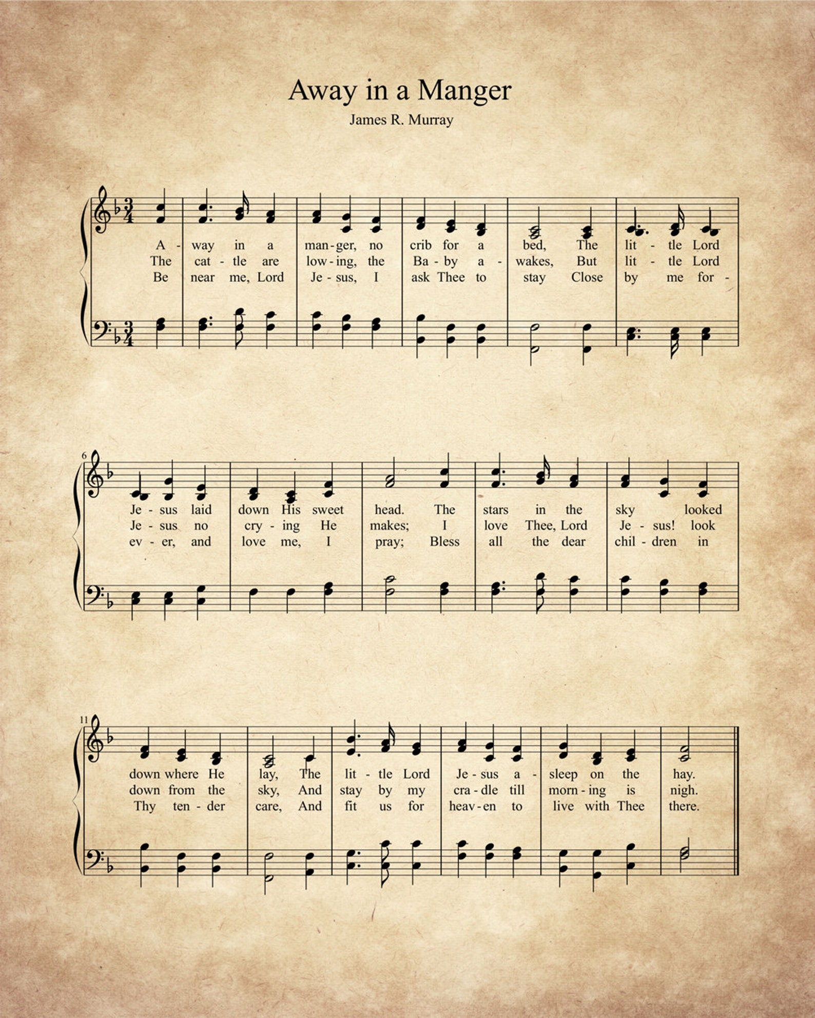 Away in A Manger Christmas Carol Art, Vintage 1882 Christmas Carol ...