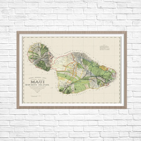 Maui Map Hawaii Poster Vintage Maui Map 1885 Hawaii Map | Etsy