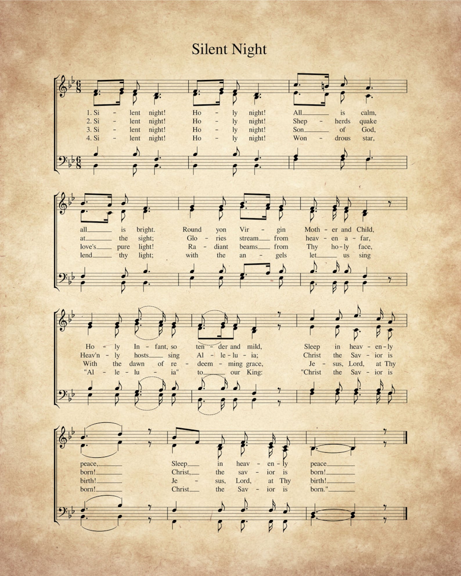 Silent Night Christmas Carol Art, Vintage 1818 Christmas Carol Music ...