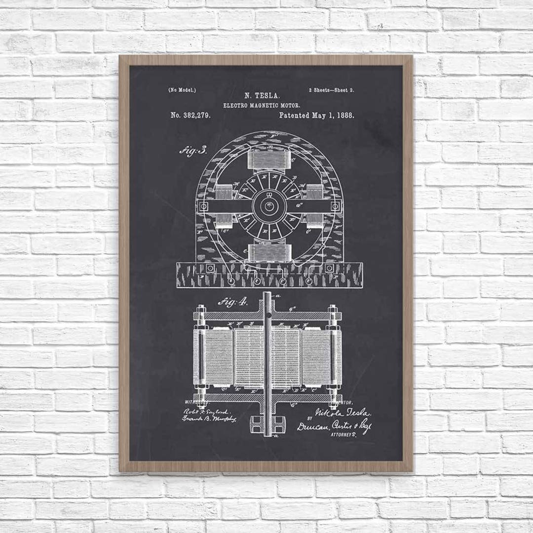 Tesla Engine Patent Print Wall Art Electro Magnetic Motor, Nicola Tesla ...