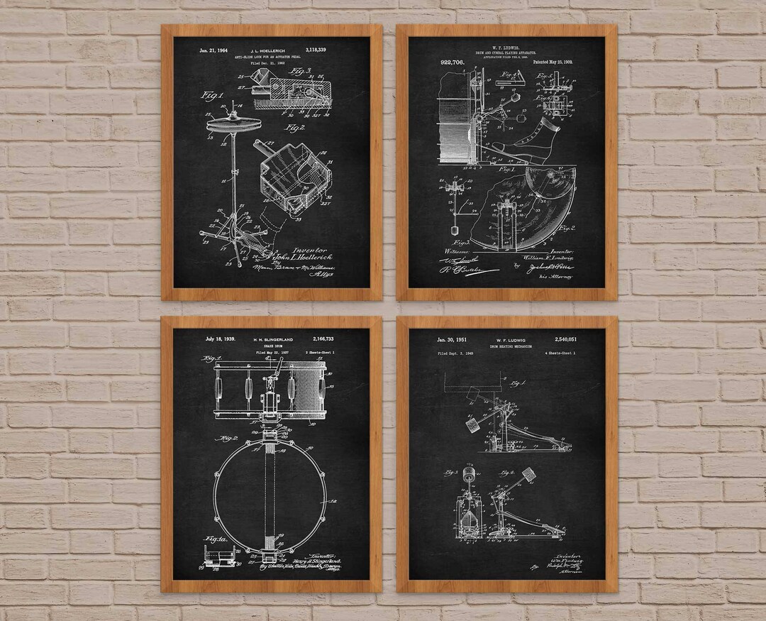 Vintage Drum Set of 4 Prints, Drummer Gift, Cymbal, Music Print, Drum ...