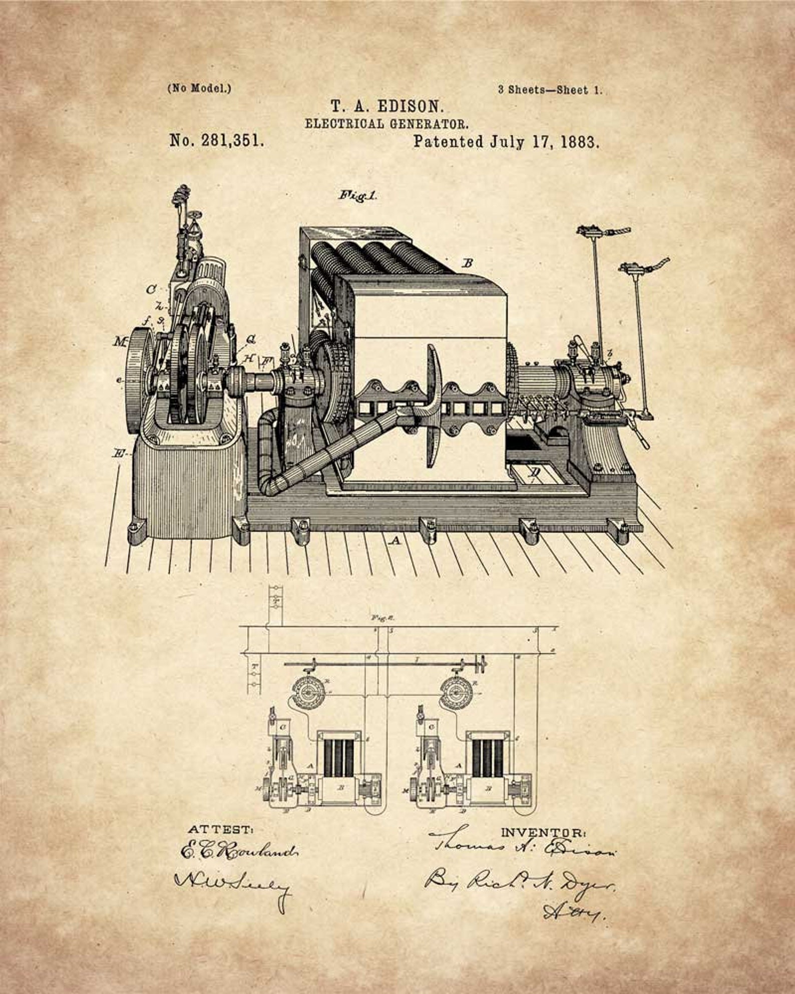 Edison Electrical Generator Patent Print Art 1889 Home Decor Wall Art ...