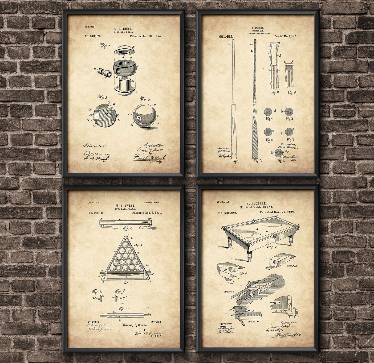 Pool Room Decor Set of 4 Pool Stick Patent Print Art Room Art - Etsy