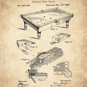 Pool Table Patent Print Pool Room Art 1880 Snooker Pool Player Gift ...