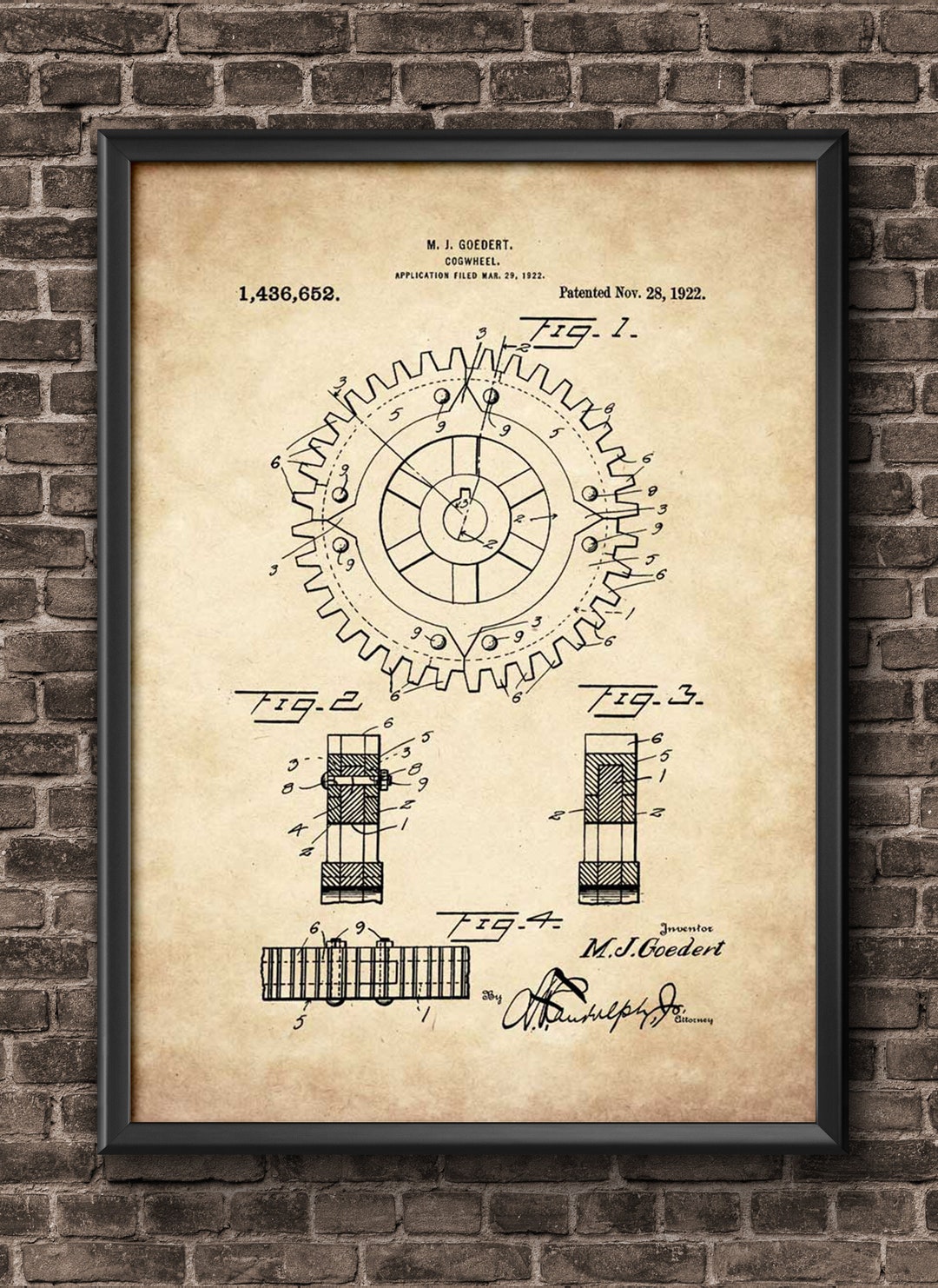Cogwheel 1922 Patent Poster, Gears, Car Part Art, Mechanical Engineer ...