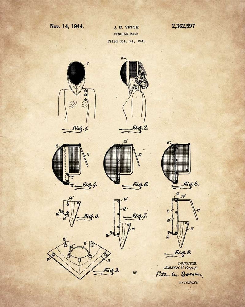 Fencing Art, Set of 2, Fencing Mask, Patent Print, Sports Art, Fencing ...