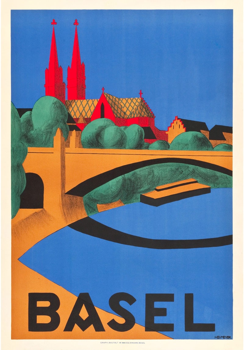 Basel Switzerland Travel Poster - Vintage Europe Tourism Art - Etsy