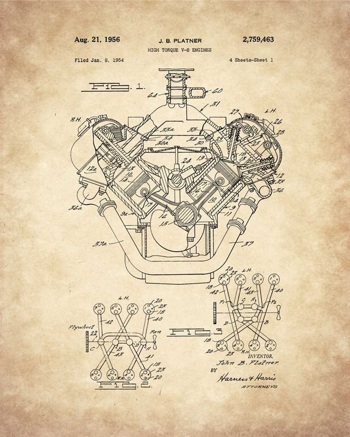 Chrysler V8 Engine Patent Print Art 1956 Home Decor Wall Art | Etsy