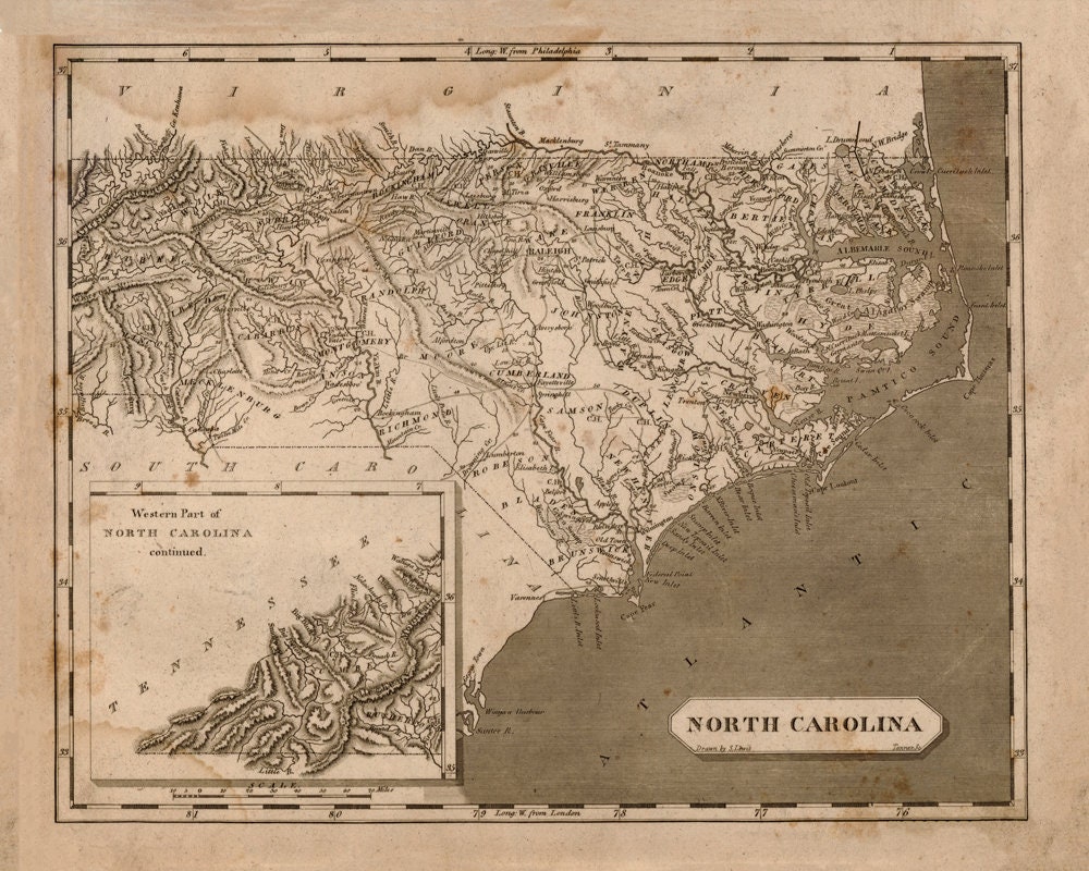 North Carolina Map, Antique Map Art Print, Map Decor, State Map ...