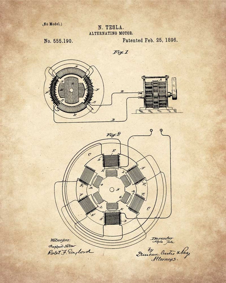 Tesla im Wechsel Motor Patent Wand Kunst Poster 1896 | Etsy