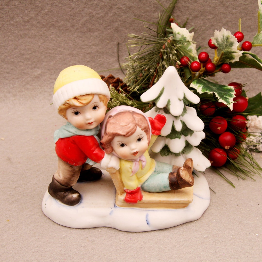 Vintage Kids Sledding Christmas Tree Figurine Porcelain Bisque - Etsy