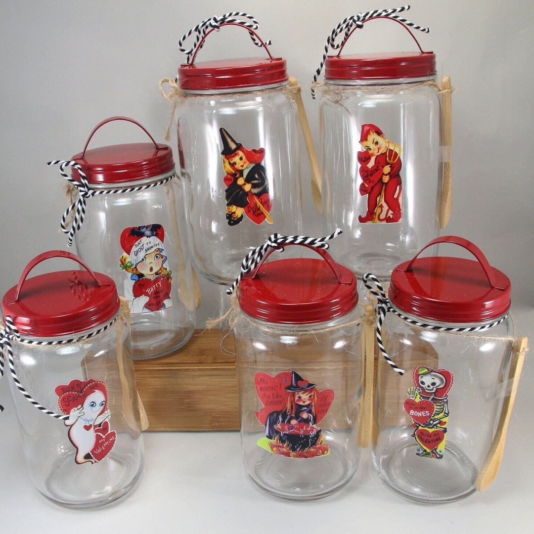 Retro Spooky Valentines Day Card Storage Jars Decal Upcycled Devil ...
