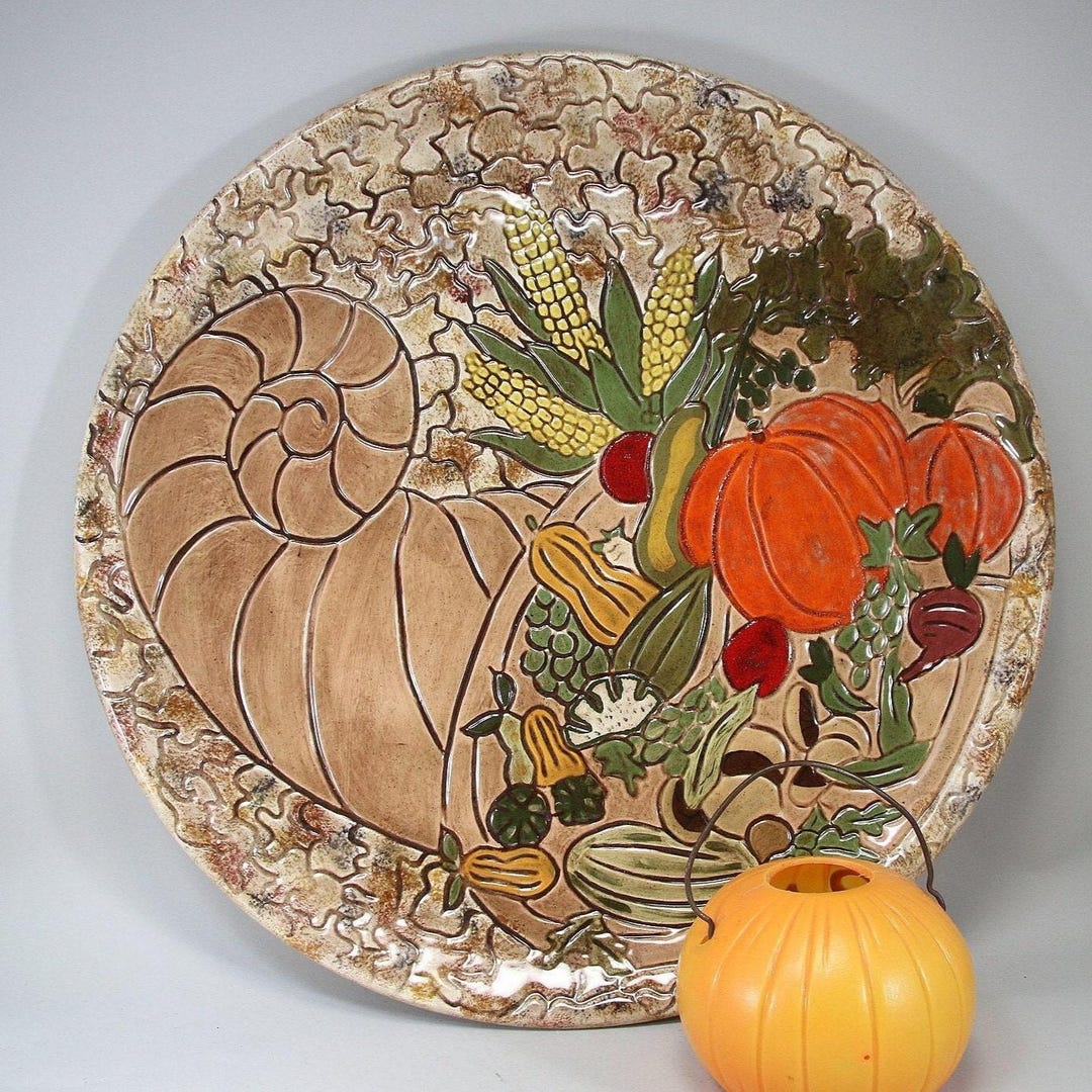 Vintage Thanksgiving Cornucopia Ceramic Platter, Mushrooms, Pumpkins ...