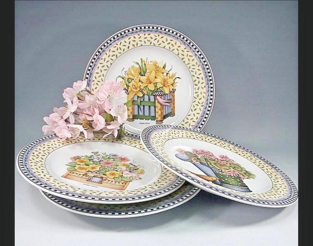 3 Spring Bouquet Salad Plates Debbie Mumm Floral Hummingbirds Watering ...