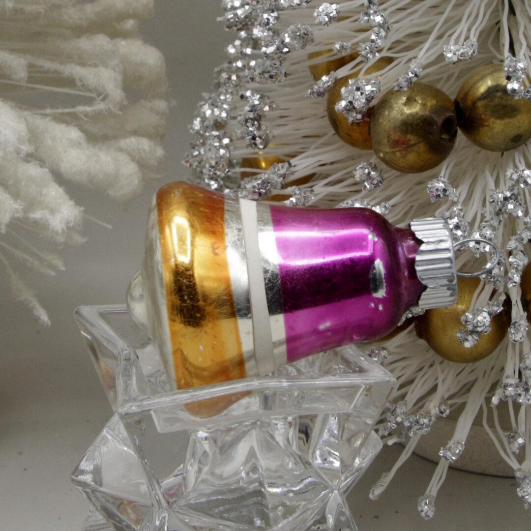 Vintage Shiny Brite Pink Clap Bell Striped Christmas Ornaments Gold ...