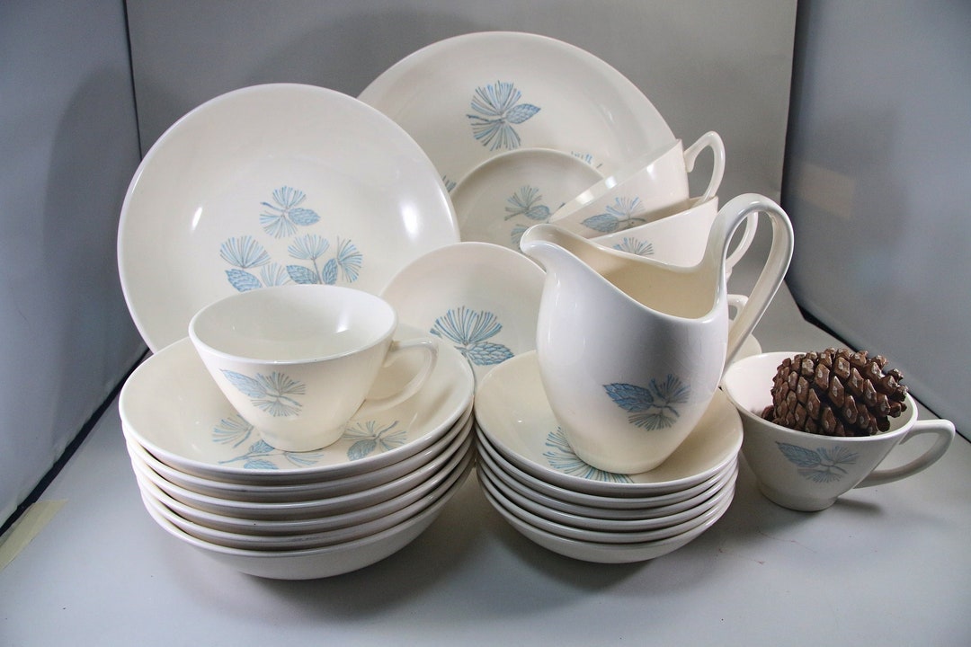 Vintage Blue Spruce Platter, Creamer, Berry Soup Cereal Serving Bowl Stetson Marcrest Pine Cone ...