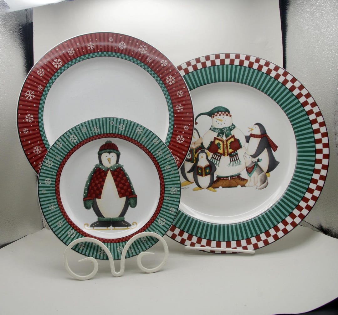 Vintage Debbie Mumm Winter Follies Round Platter, Penguins Ice Skater ...