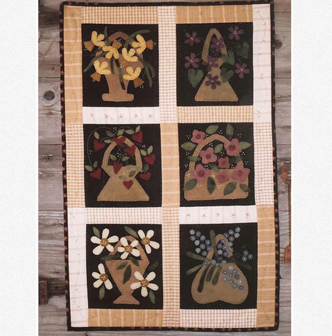 DIY UNCUT WOOL Applique Flower Baskets by Wooden Spool Designs 153 ...