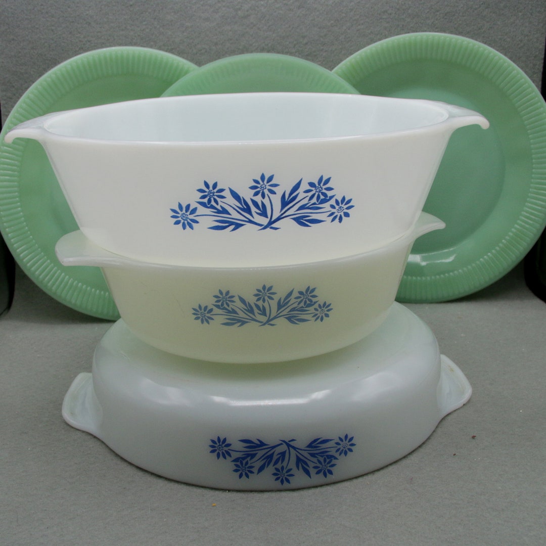 Vintage Fire King Blue Corn Flower Floral 436 Quart, 437 1 1/2 Quart ...